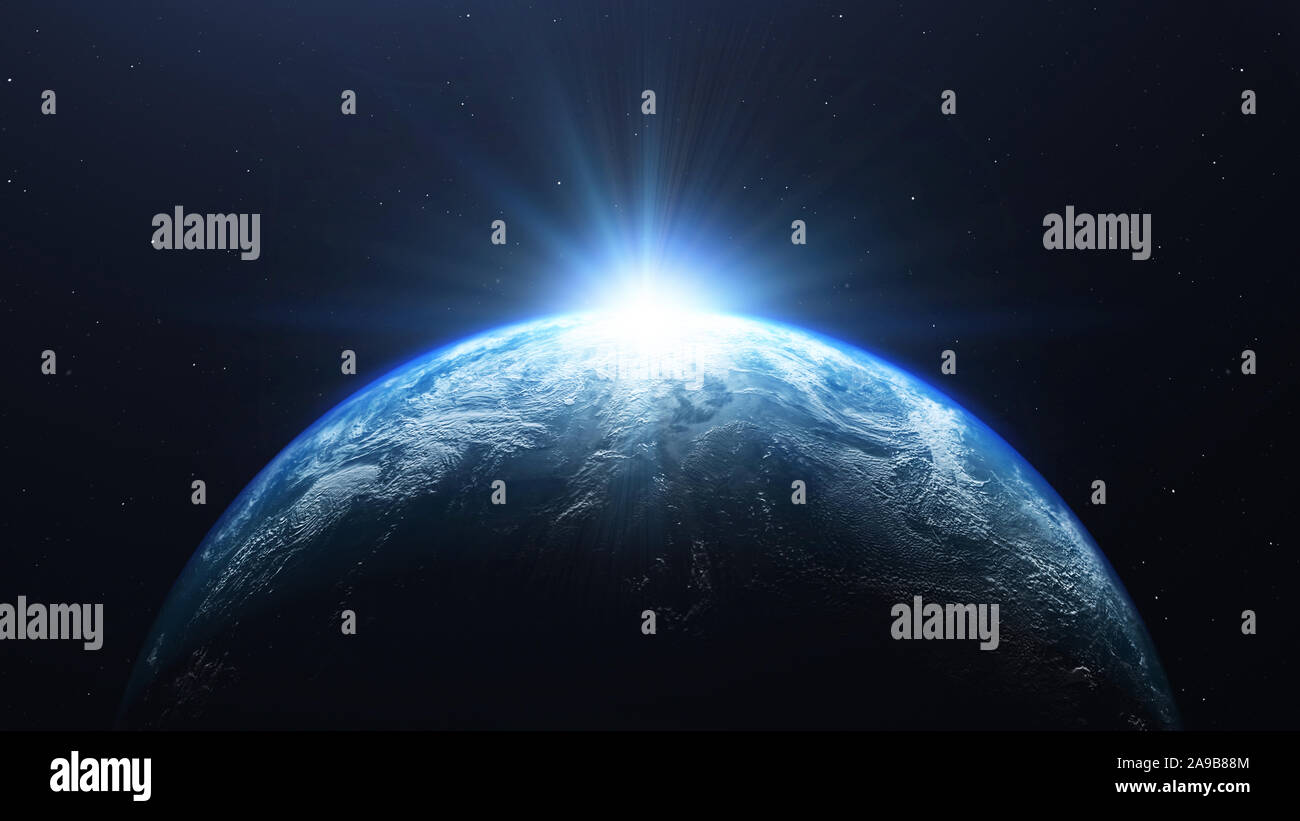 Earth planet with the sun viewed from space , 3d render of planet Earth ...