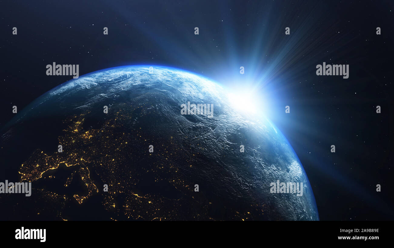 Earth planet with the sun viewed from space , 3d render of planet Earth ...