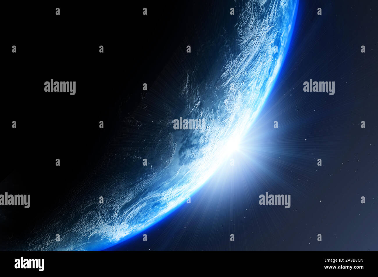 Earth planet with the sun viewed from space , 3d render of planet Earth ...