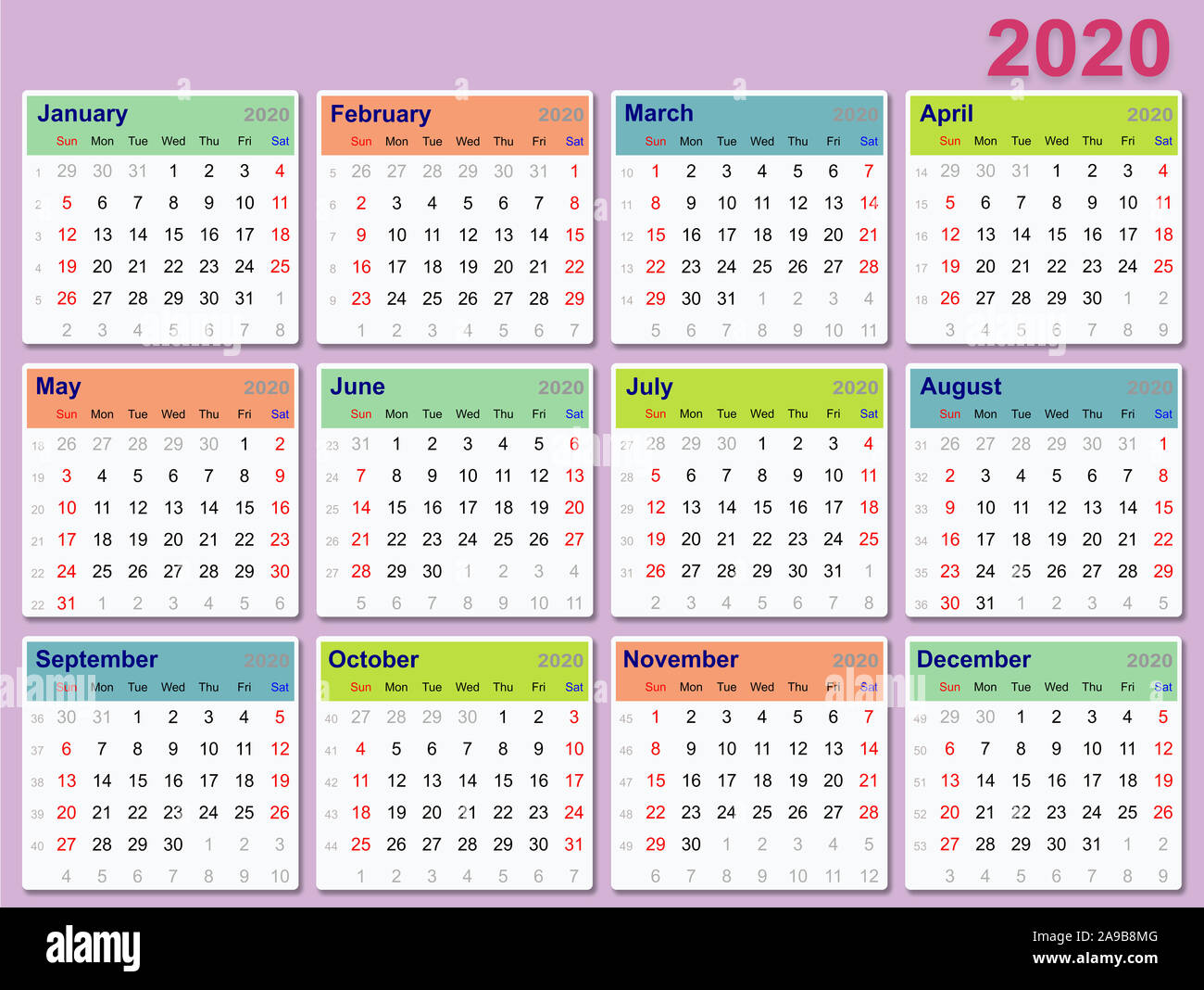 calendar template 2020 -isolated on color Background ,Week starts ...