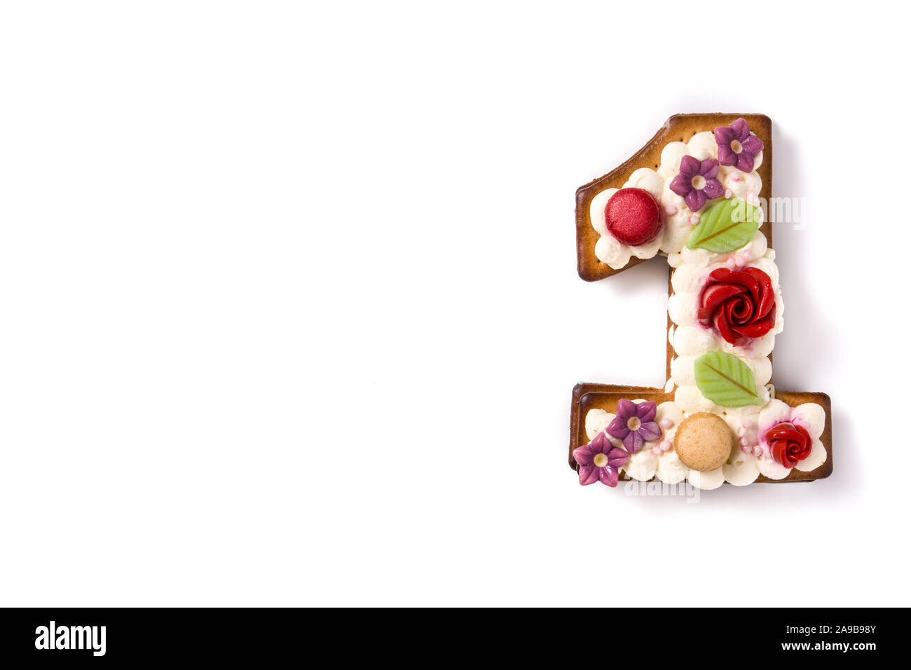 Number one cake decorated with flowers and macarons isolated on white ...