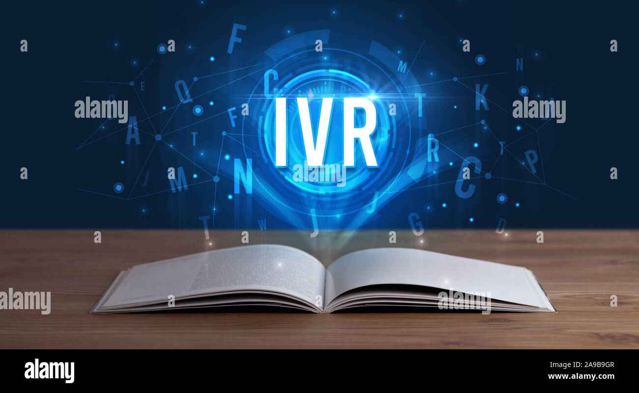 IVR inscription coming out from an open book, digital technology ...