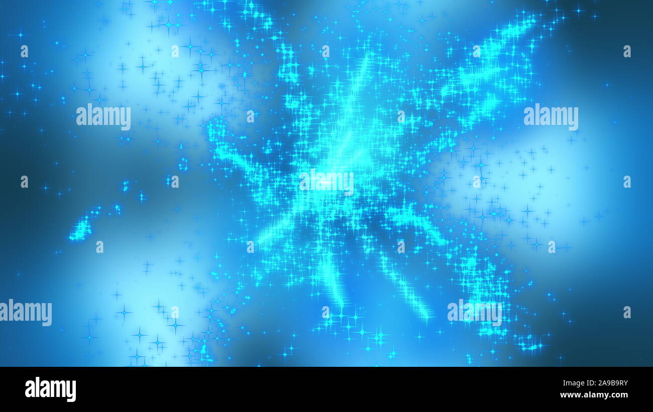 Salute of blue lights and sparkling particles. Computer generated 3D rendering web background ...