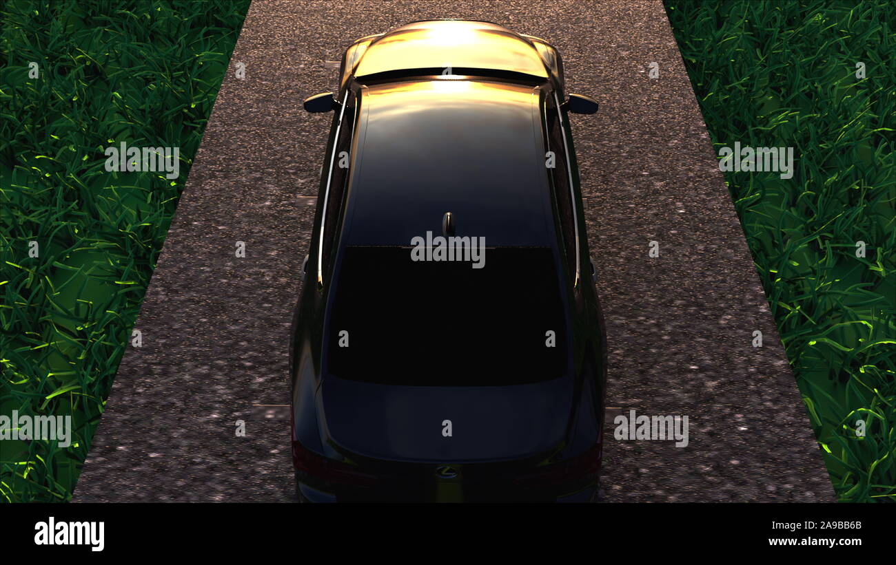 3D rendering car moves on asphalt road with green grass. Computer ...