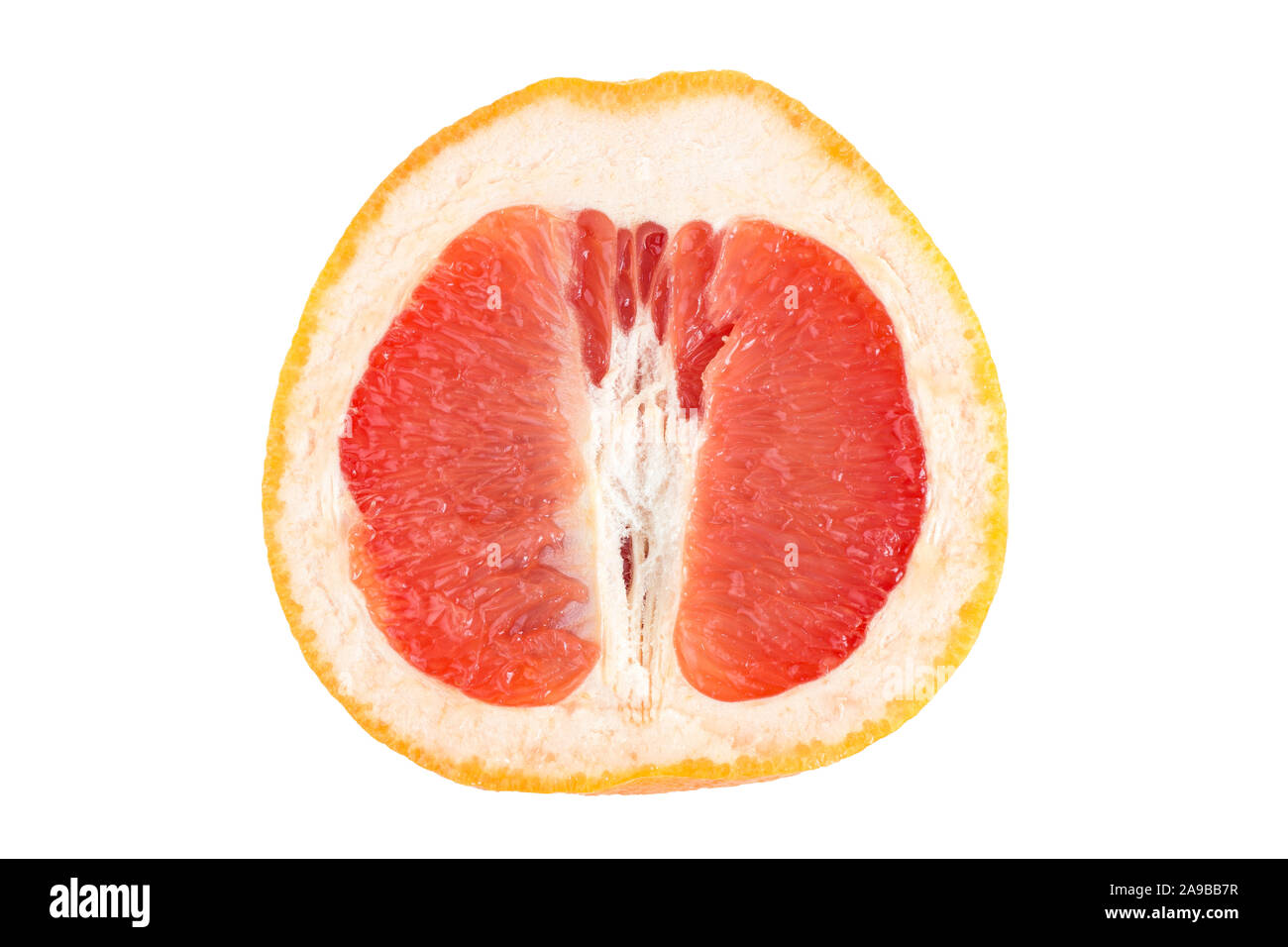 Close-up of a sliced ripe pink grapefruit (Citrus paradisi) viewed from ...