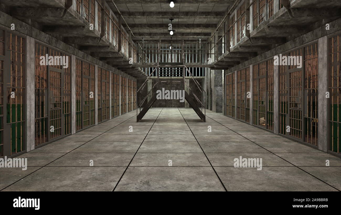 Computer generated background. Several gloomy prison blocks on two ...