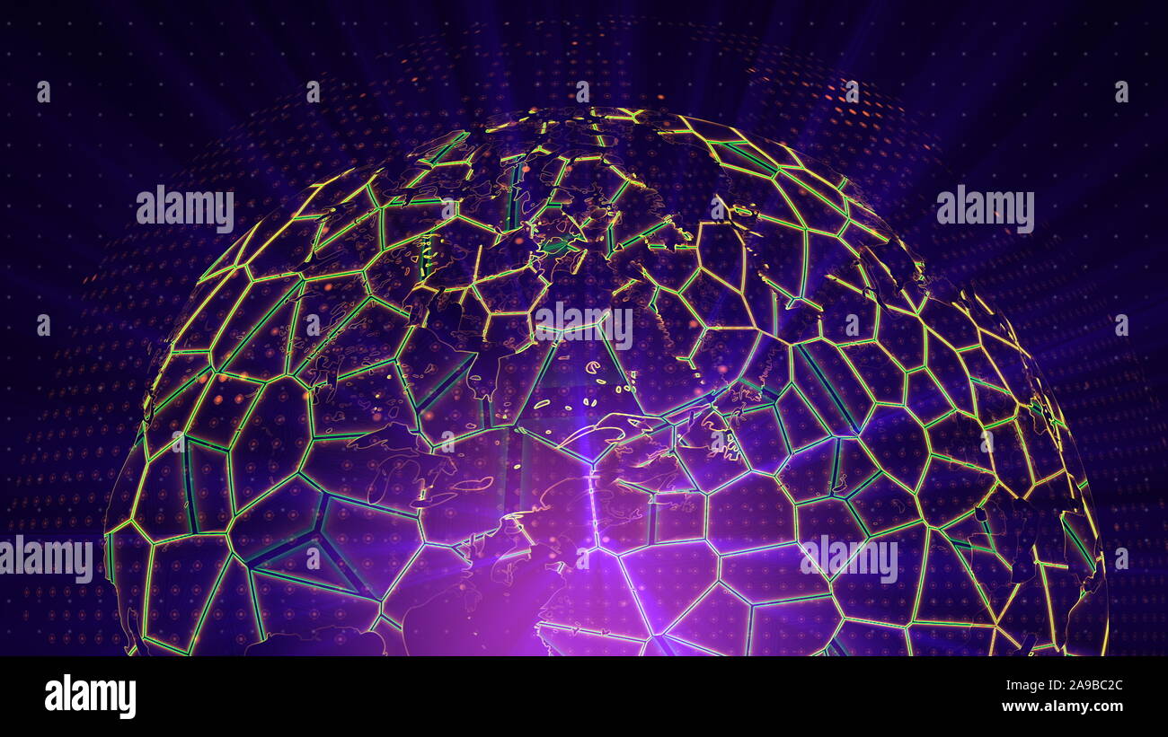 Stylized hologram of the earth with many rings and rays. Abstract of ...