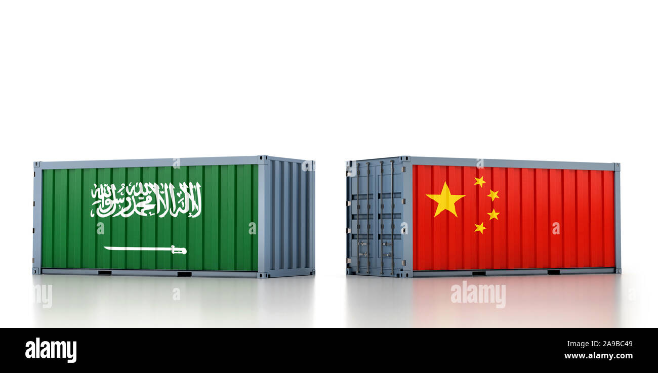 Two freight container with Saudi Arabia and China flag. 3d rendering ...