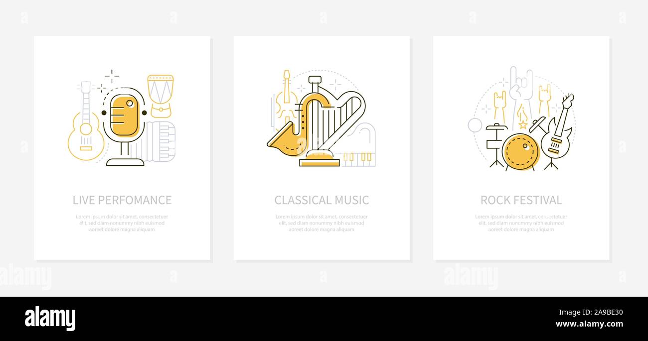 Musical instruments and concerts - vector line design style banners ...