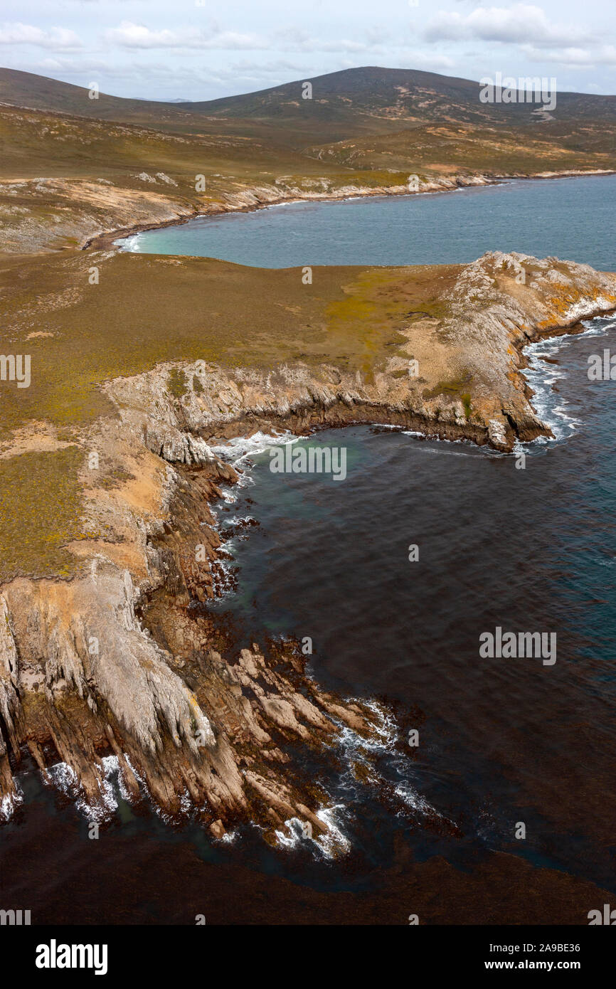 Aerial view of the coastline of Carcass Island in the Falkland Islands ...