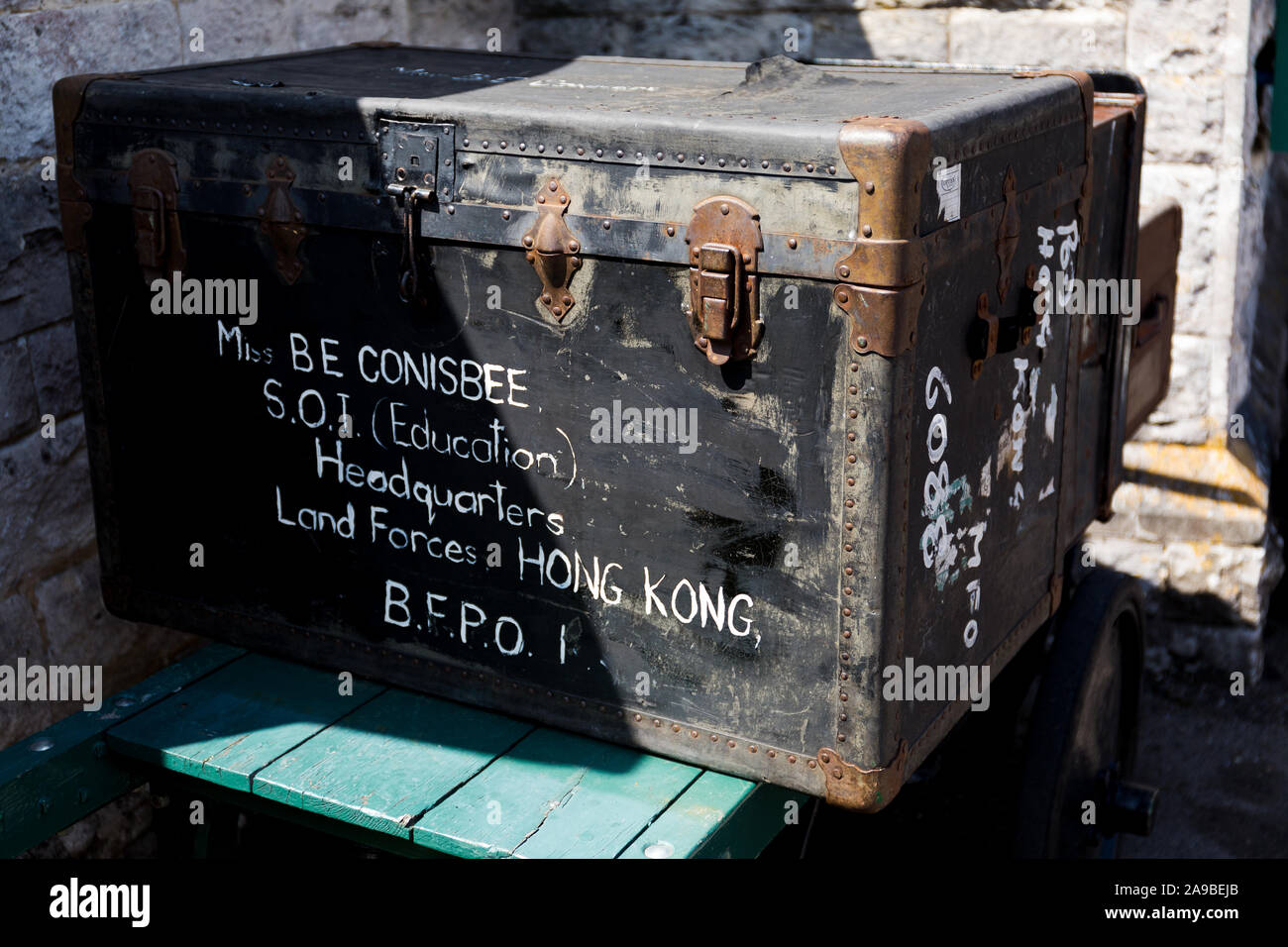 Old packing trunk. Corfe railway station Dorset England UK Stock Photo ...
