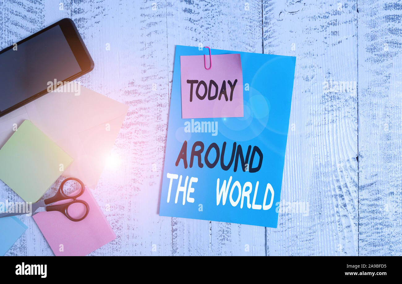 Writing note showing Around The World. Business concept for saying that ...