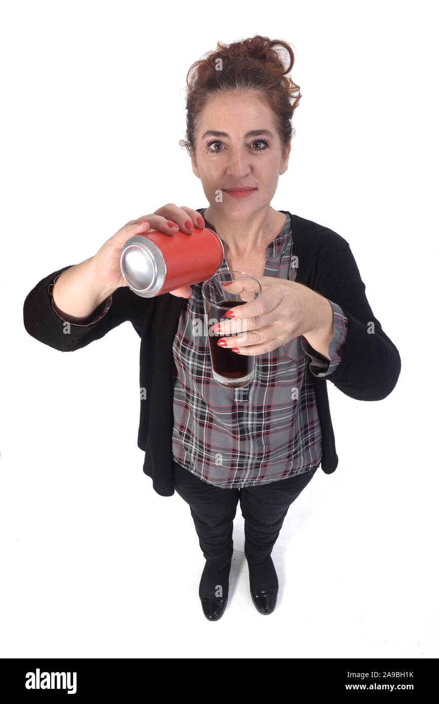 woman with a glass of coke soda on white background Stock Photo - Alamy