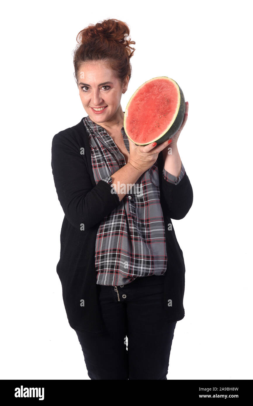 woman with watermelon on white background Stock Photo - Alamy