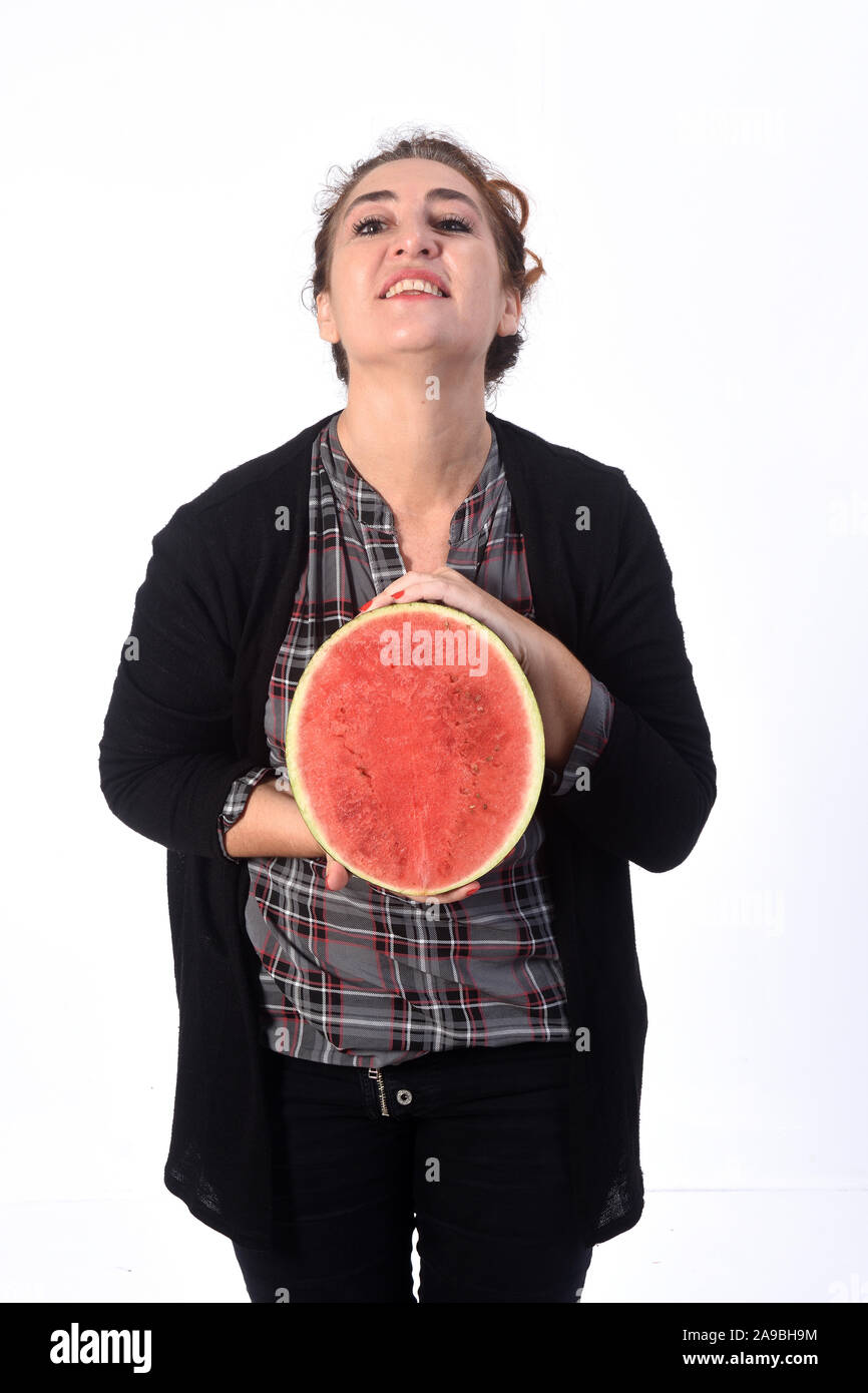woman with watermelon on white background Stock Photo - Alamy