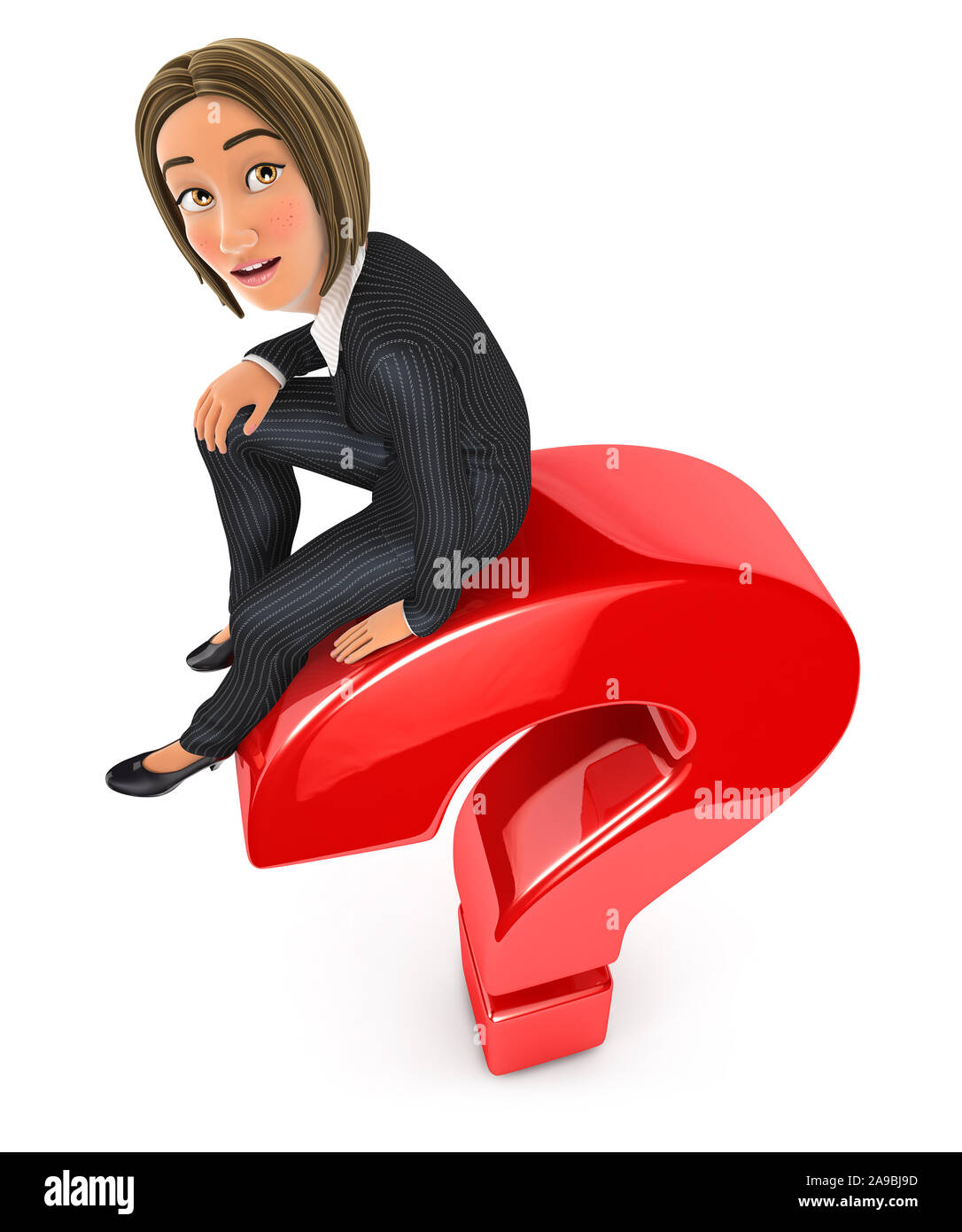 3d business woman sitting on top of question mark, illustration with ...