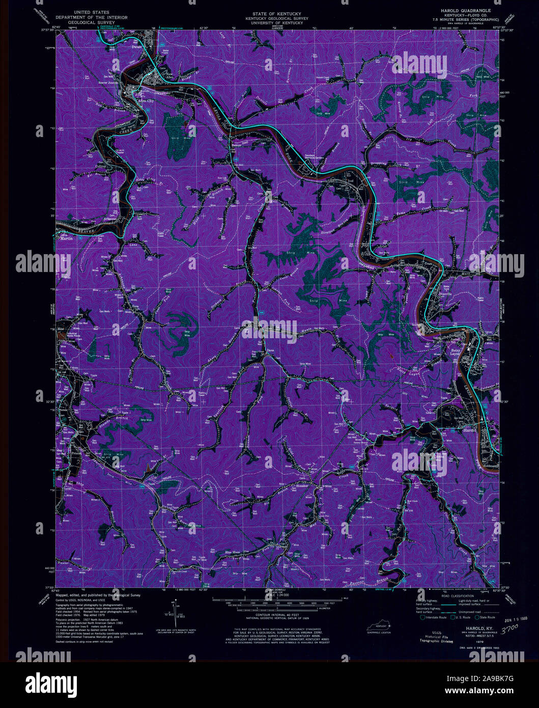 USGS TOPO Map Kentucky KY Harold 803599 1979 24000 Inverted Stock Photo ...