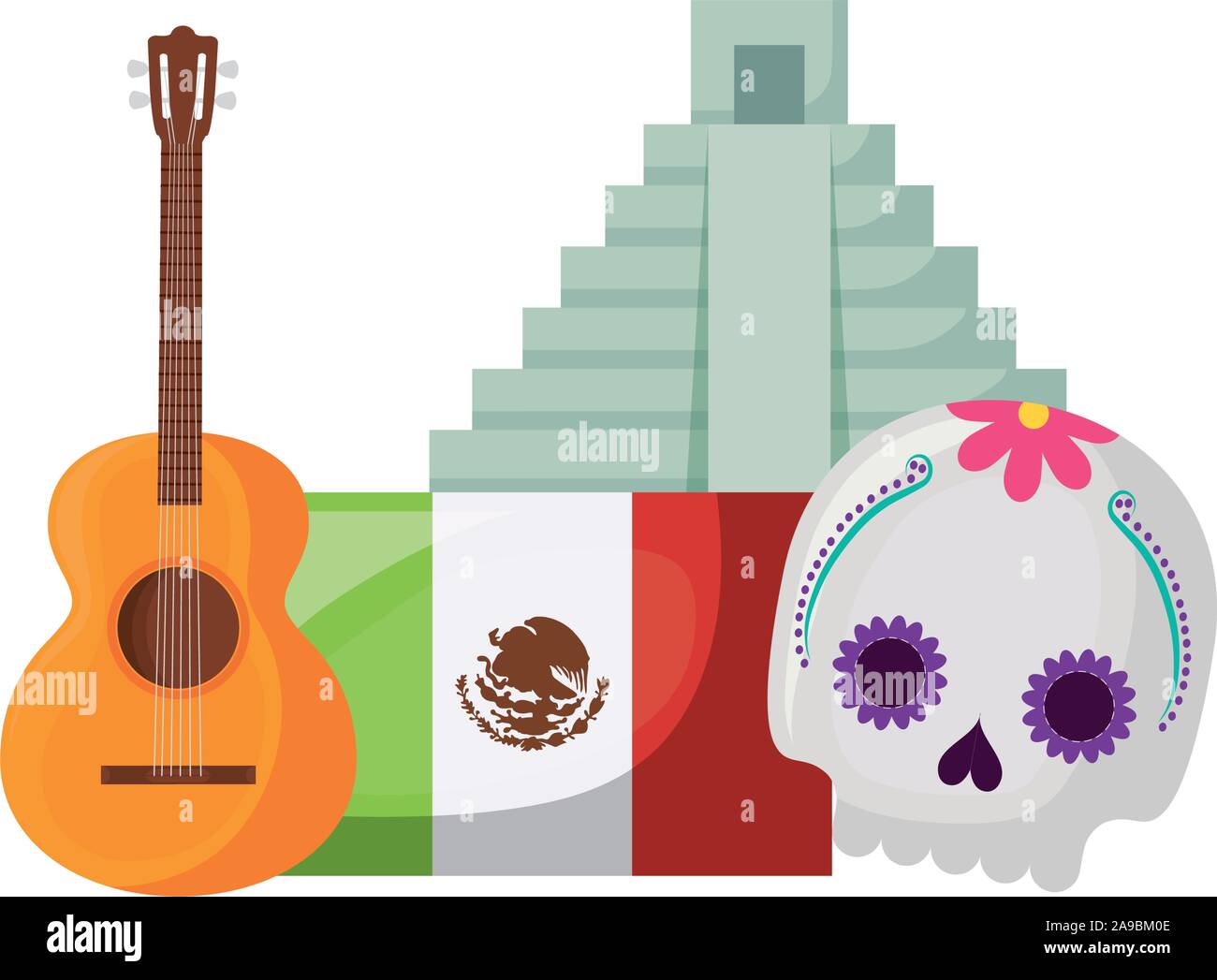 aztec temple with set of icons on white background vector illustration ...