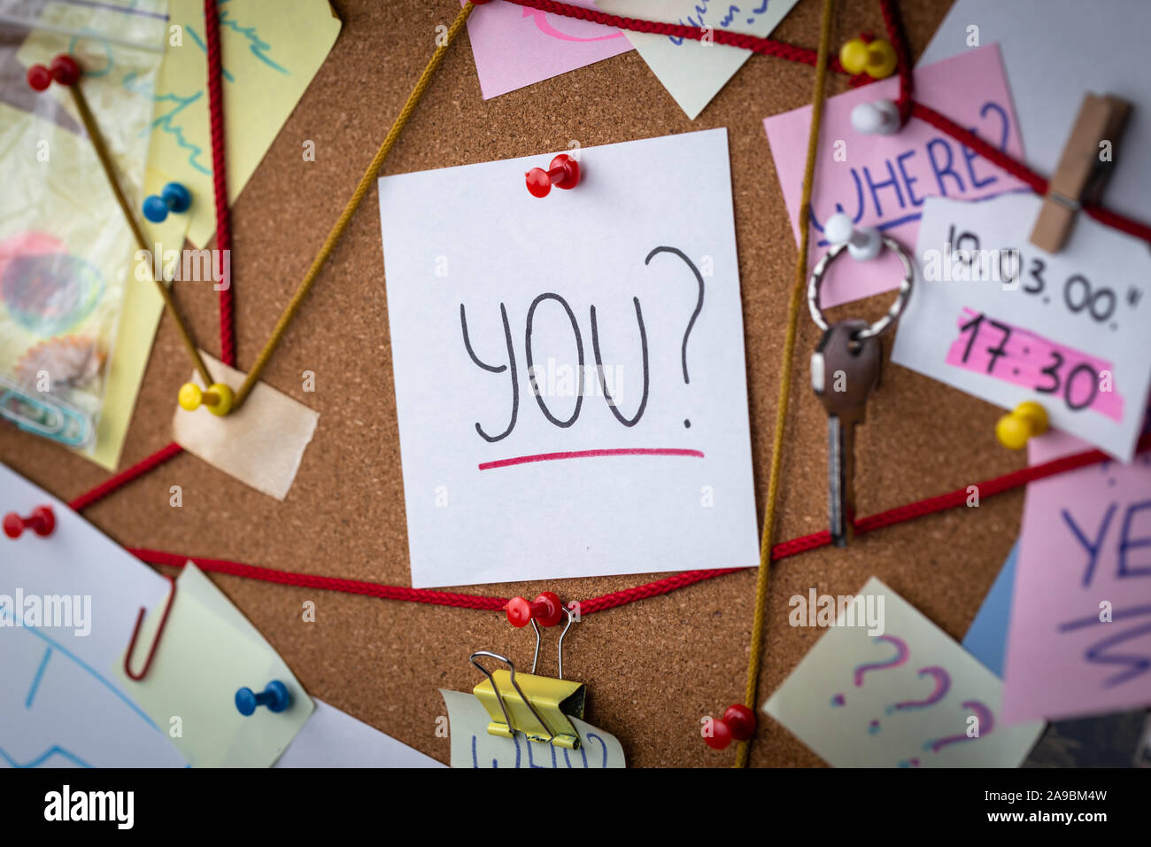 Question concept. Close-up view of a detective board with evidence. In ...