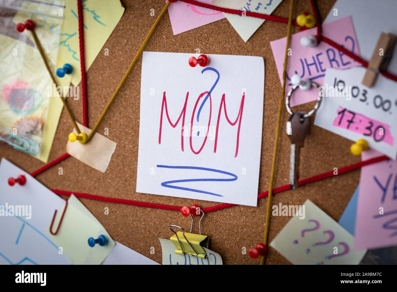 Mom search concept. Close-up view of a detective board with evidence ...