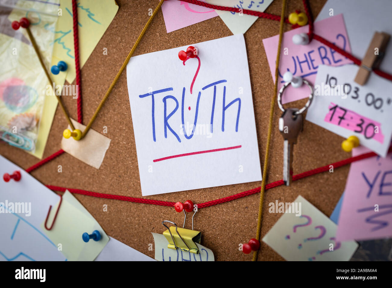 Truth search concept. Close-up view of a detective board with evidence ...