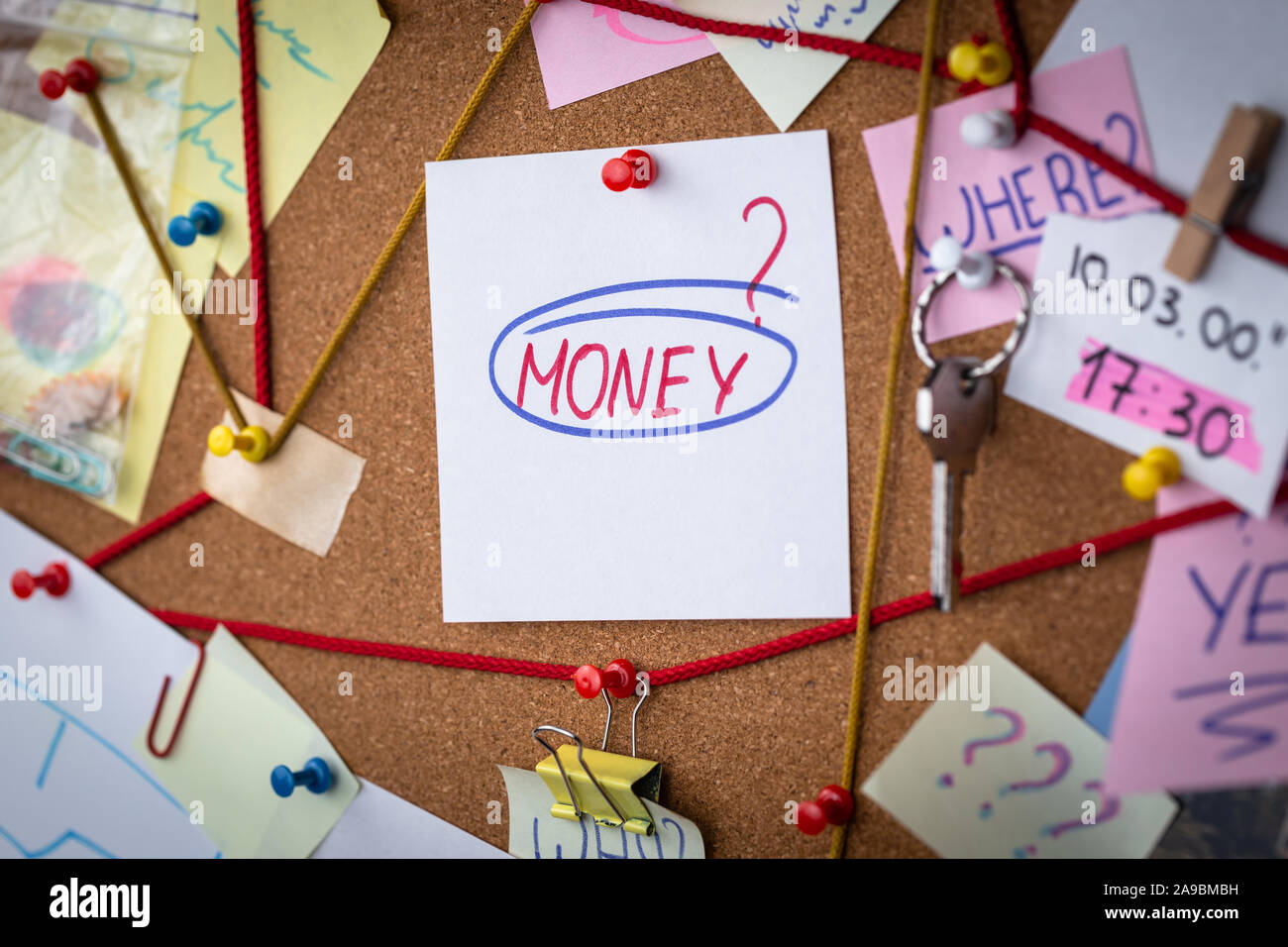 Money search concept. Close-up view of a detective board with evidence ...