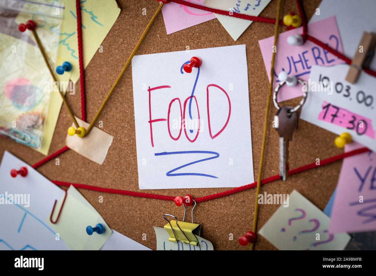Food search concept. Close-up view of a detective board with evidence ...