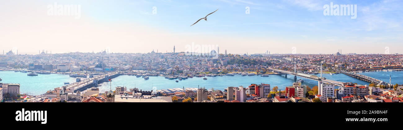 Istanbul bridges and the Golden Horn panorama, view from the Galata ...