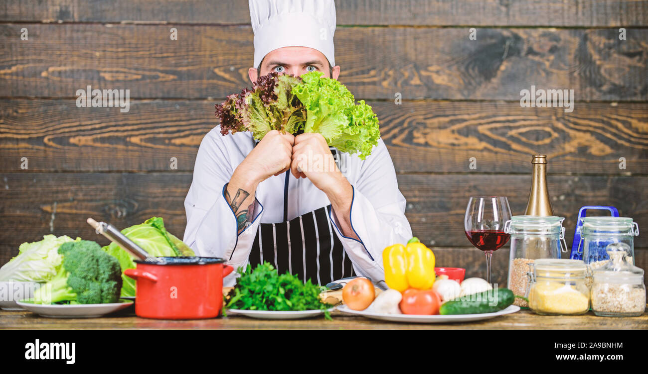 Dieting concept. Man wear hat and apron hold lettuce. Bearded hipster professional chef hold ...
