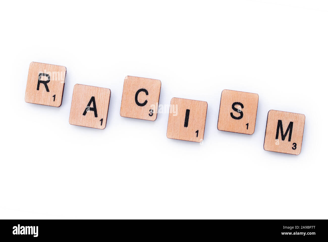 London, UK - February 13th 2019: The word RACISM, spelt with wooden ...