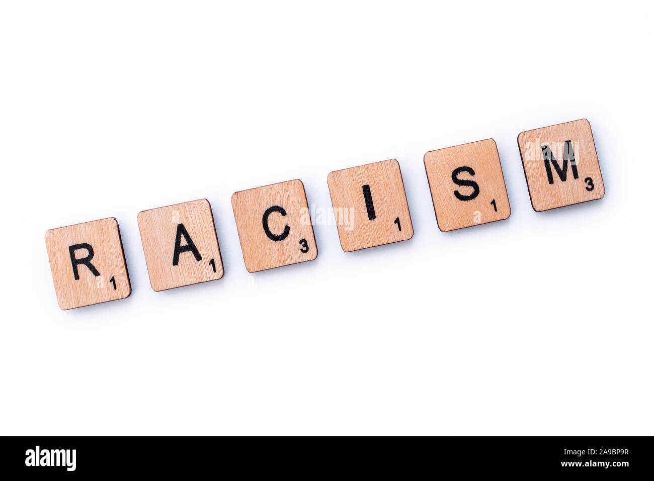 London, UK - February 13th 2019: The word RACISM, spelt with wooden ...