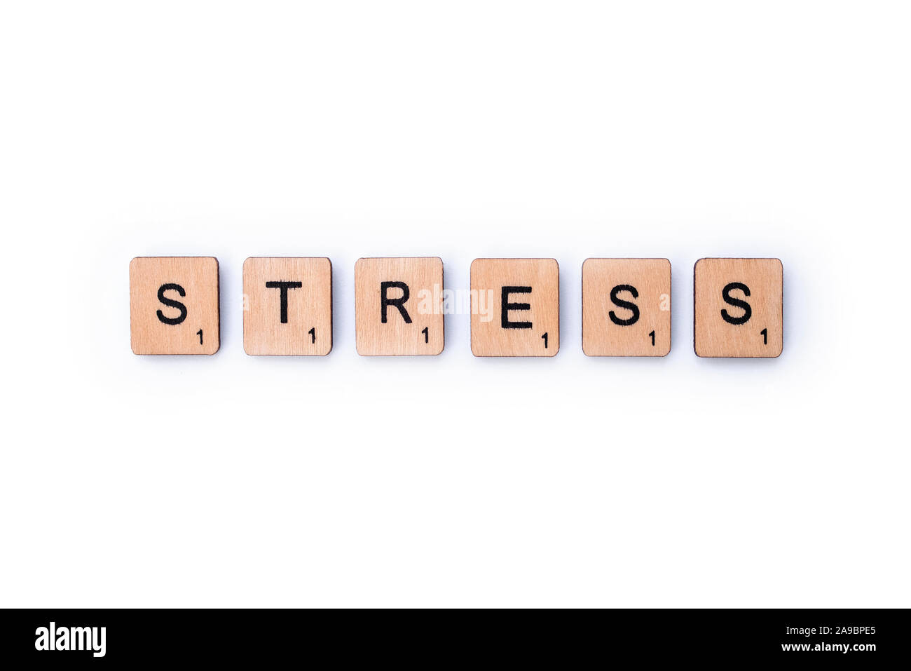 London, UK - February 13th 2019: The word STRESS, spelt with wooden ...
