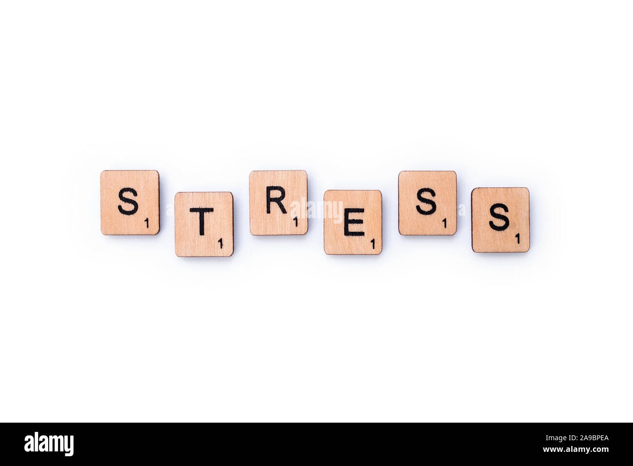 London, UK - February 13th 2019: The word STRESS, spelt with wooden ...