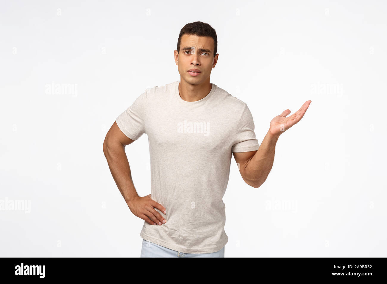 Puzzled young confused handsome boyfriend dont know whats happening ...