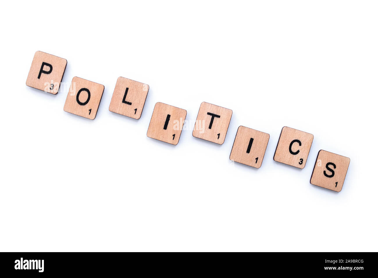 London, UK - February 13th 2019: The word POLITICS, spelt with wooden ...
