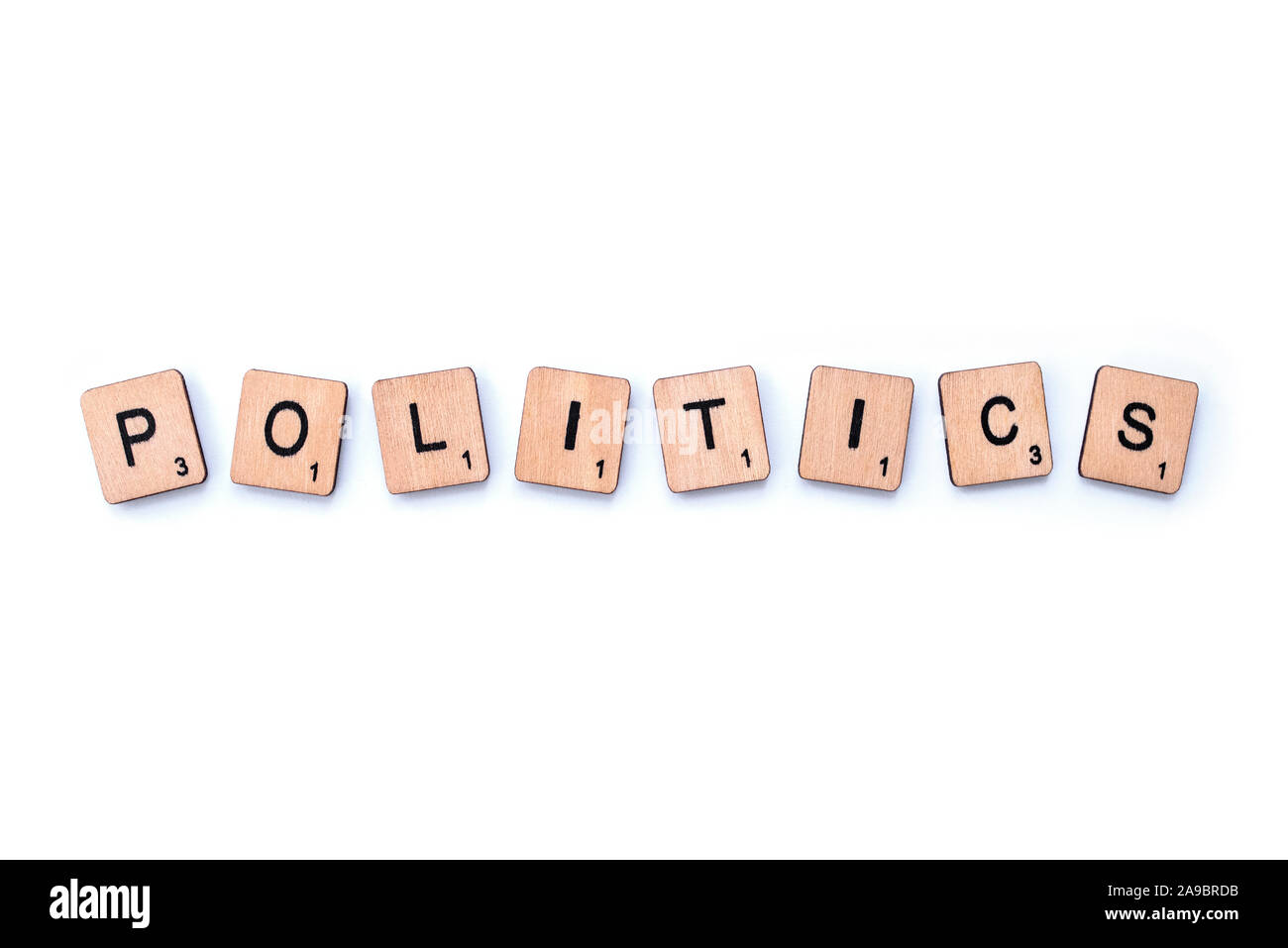 London, UK - February 13th 2019: The word POLITICS, spelt with wooden ...