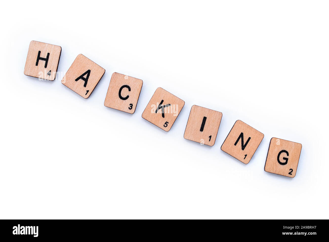 London, UK - February 13th 2019: The word HACKING, spelt with wooden ...