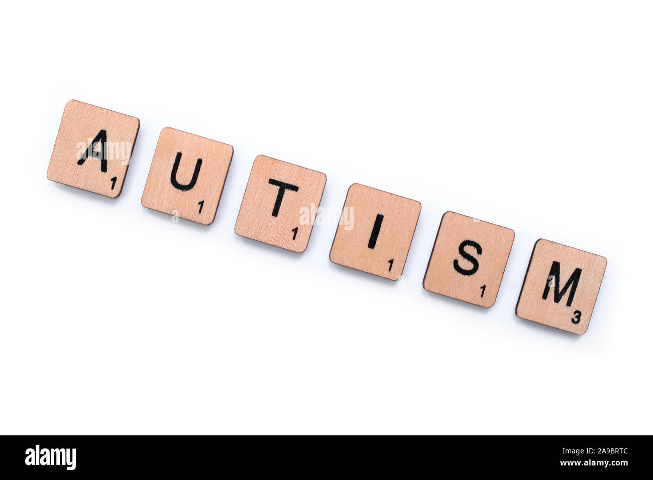 London, UK - February 13th 2019: The word AUTISM, spelt with wooden ...