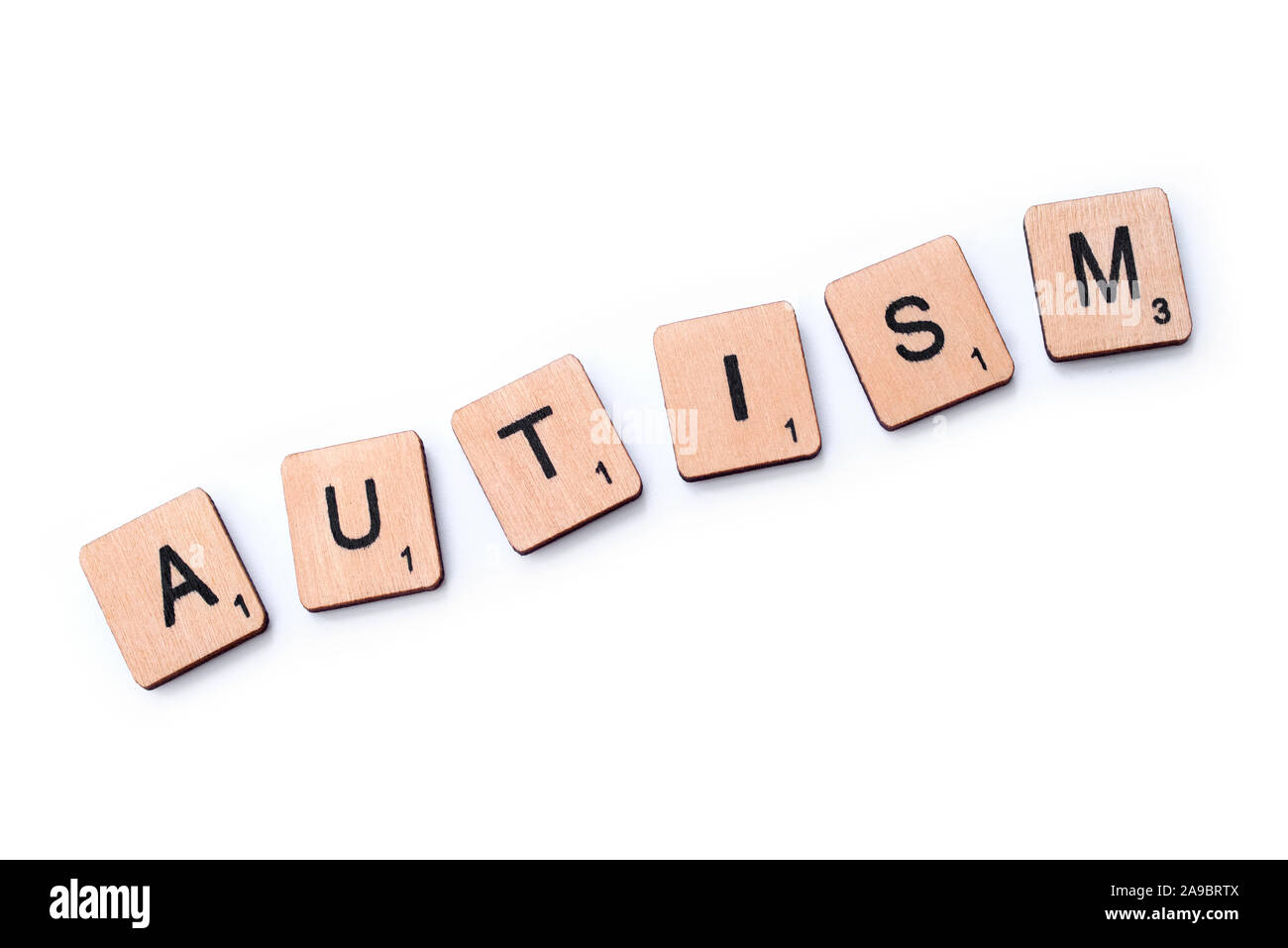 London, UK - February 13th 2019: The word AUTISM, spelt with wooden ...