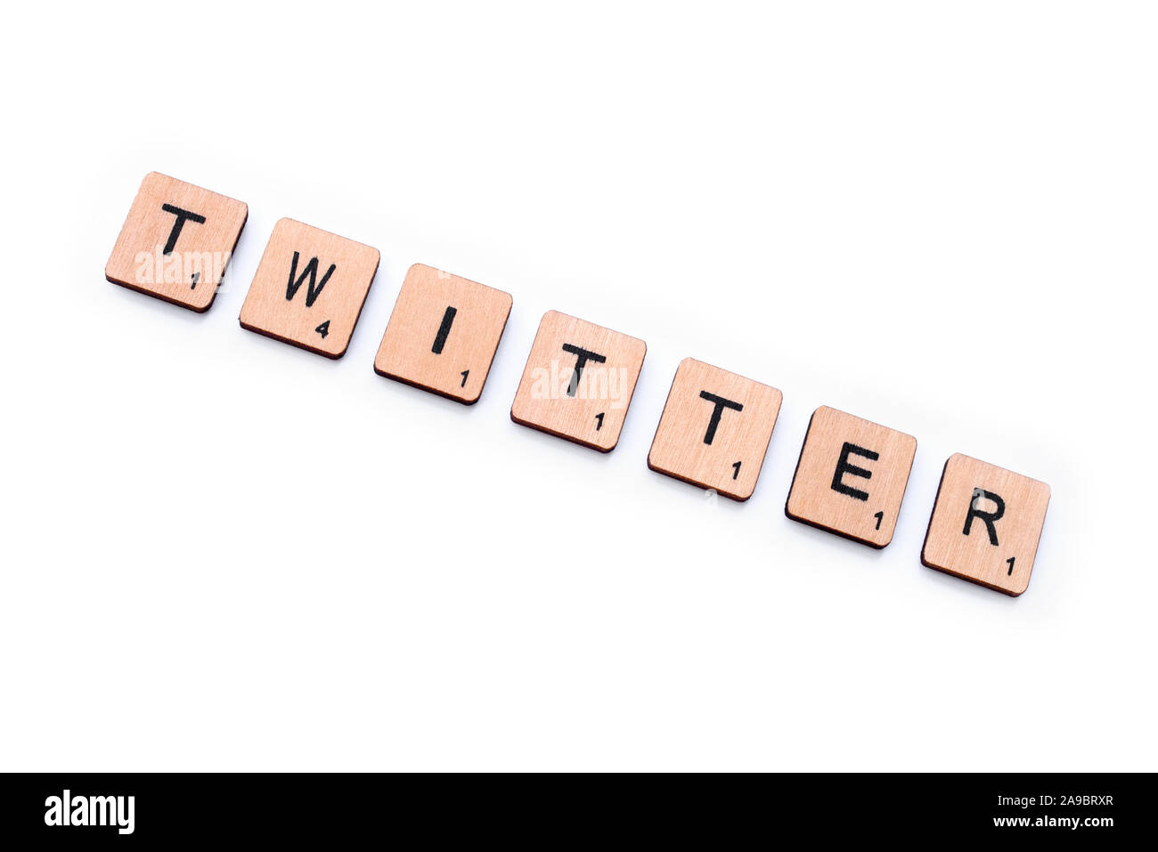 London, UK - February 13th 2019: The word TWITTER, spelt with wooden ...