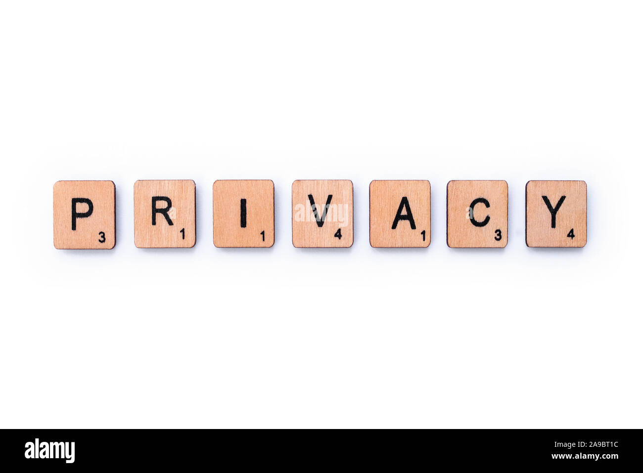 London, UK - February 13th 2019: The word PRIVACY, spelt with wooden ...