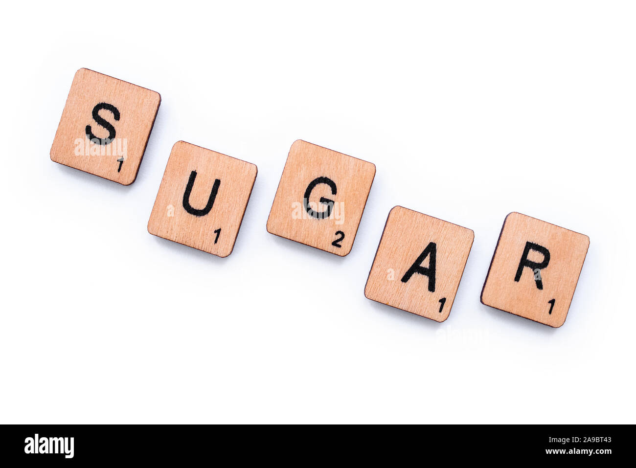London, UK - February 13th 2019: The word SUGAR, spelt with wooden ...