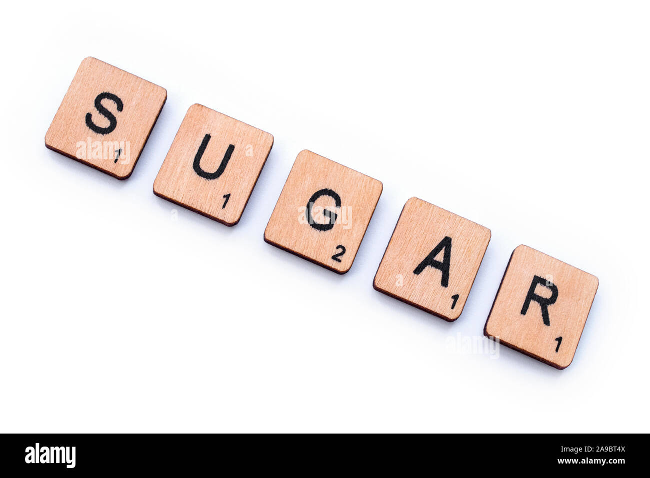 London, UK - February 13th 2019: The word SUGAR, spelt with wooden ...