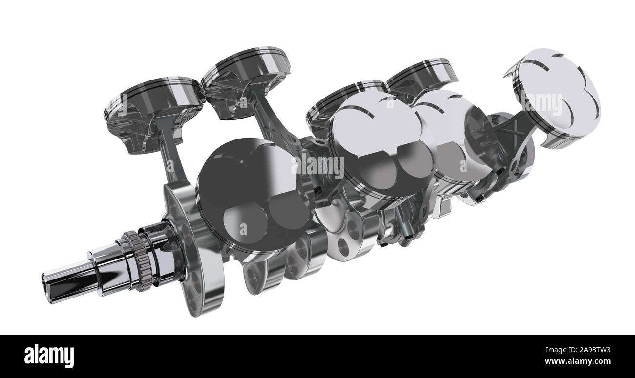 V 8 engine pistons on a crankshaft. Isolated on white background. 3D ...