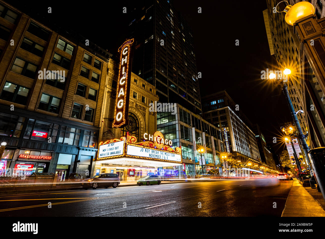 The iconic Chicago Theatre on a cold winter night with a long exposure ...