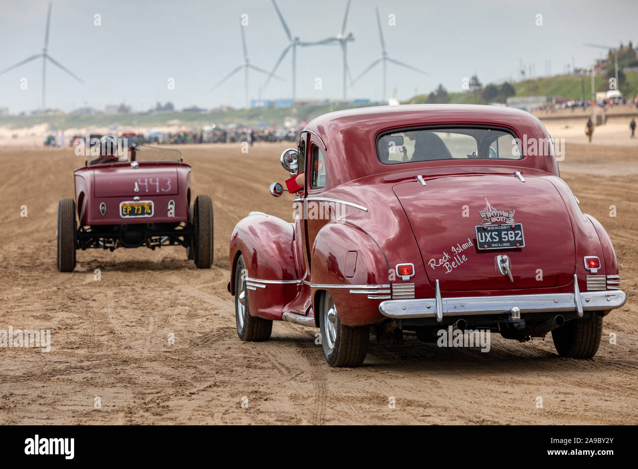Two vintage hot rods line up at "Race the Waves" event, where cars and ...