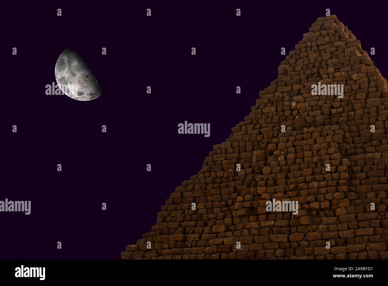 Collage of moon and the side of a pyramid in Sudan, Africa. Elements of ...