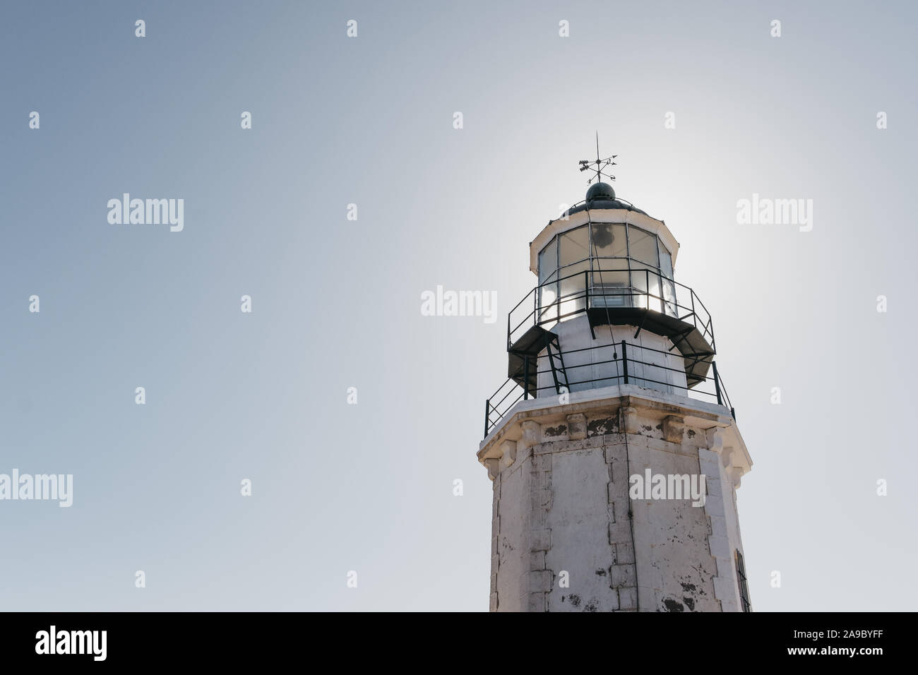 Close up low angle view of the exterior of Armenistis Lighthouse in ...