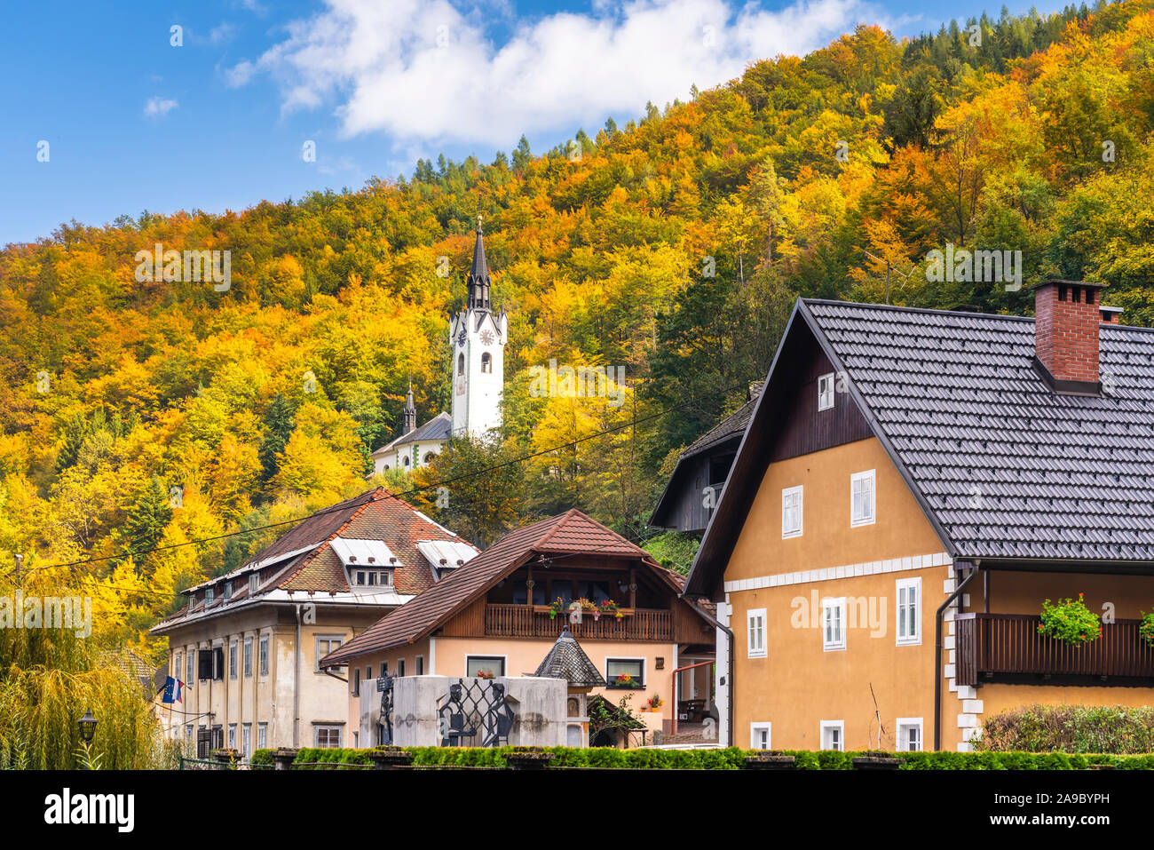 The village of Kropa, Slovenia with fall foliage color Stock Photo - Alamy