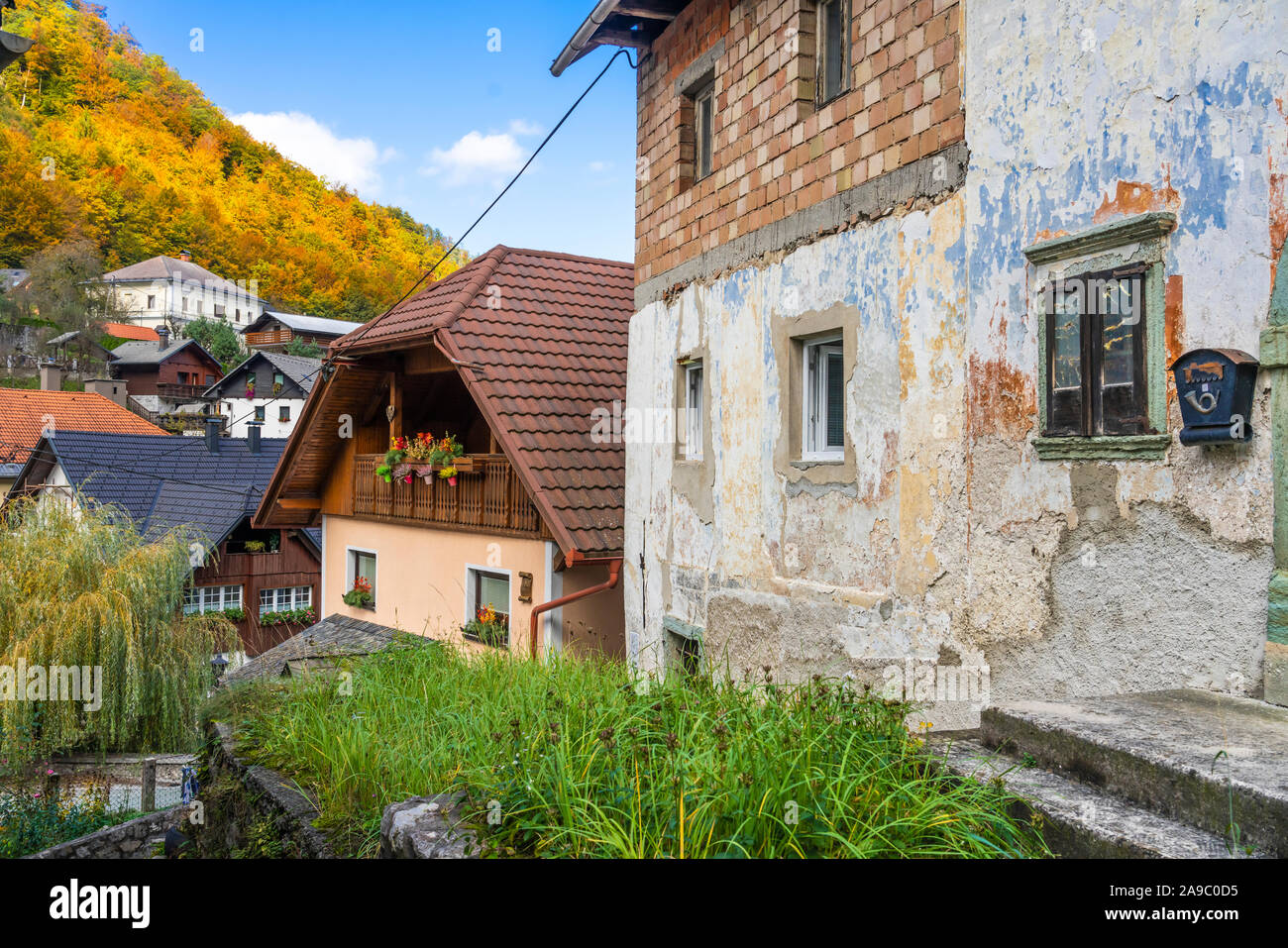 The village of Kropa, Slovenia with fall foliage color Stock Photo - Alamy